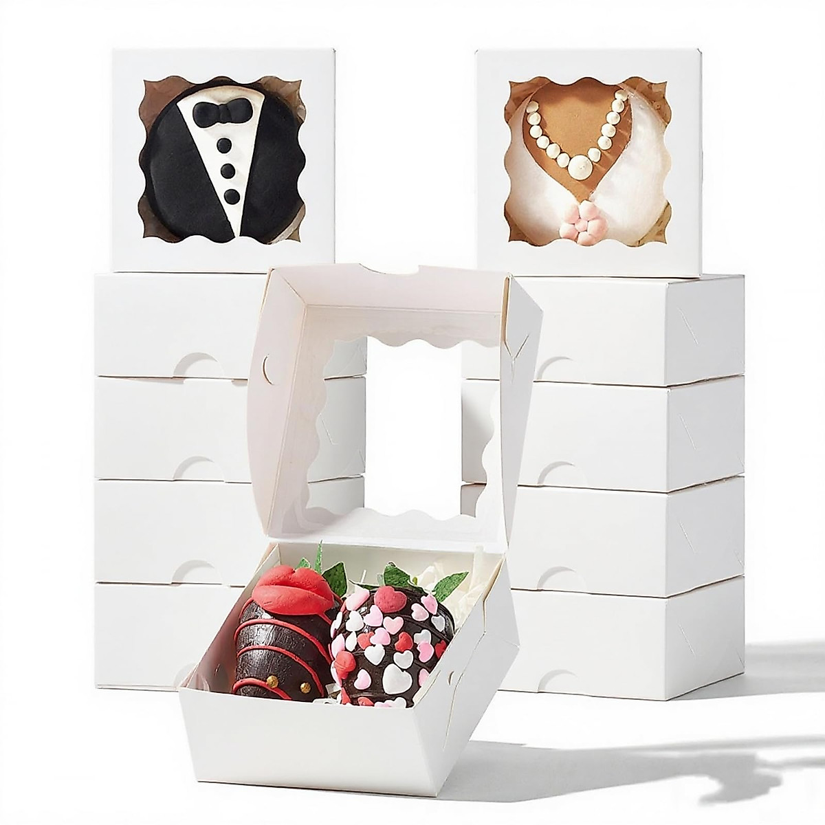 RomanticBaking 3 1/4" x 3 1/4" x 1 1/2" 50PCS Chocolate Truffle Boxes for 4，Cookies Boxes Soap Boxes Donut Boxes Macaron Boxes Mini Bakery Boxes with Window Brownie Boxes