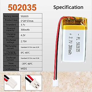 AKZYTUE 3.7V 300mAh 502035 Lipo battery Rechargeable Lithium Polymer ion Battery Pack with PH2.0mm JST Connector