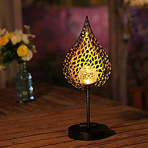 Garden Solar Figurine Table Lights Outdoor Drip Shape Crackle Glass Globe Vintage Metal Lights,Solar Outdoor Lantern Waterproof Warm White LED for Lawn,Patio or Courtyard (Bronze)