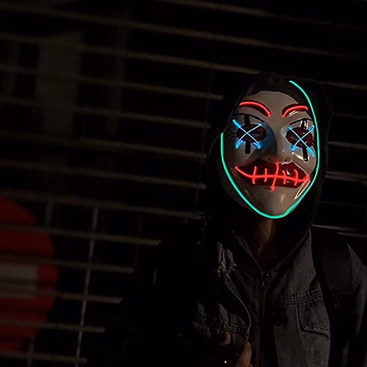 Scary Halloween Mask, LED Light up Mask Cosplay, Glowing in The Dark Costume with 3 Lighting Modes Who Am I Face Masks for Men Women Kids