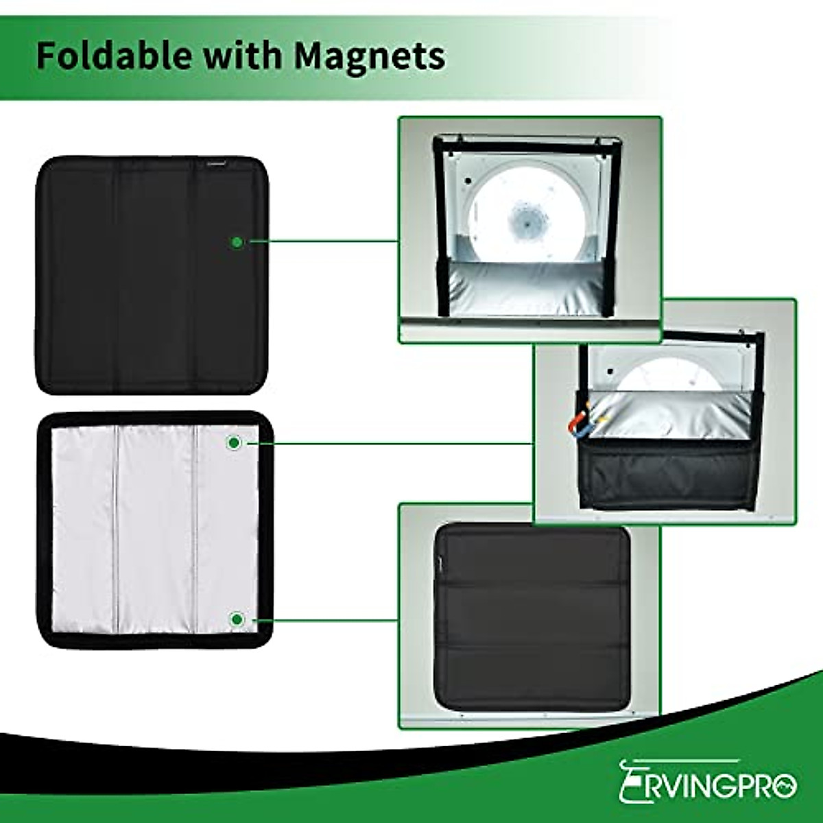 RVINGPRO Magnetic RV Window Shade 16"x16", Double-Side Foldable RV Vent Blackout Shade, Reflective RV Skylight Shade Cover for Inside Camper, with Storage Bag & Velcro, Black