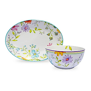Charlotte Collection 15" Oval Platter and 9" Fruit/Vegetable Bowl, Multicolor Watercolor Floral/Garden Design, 2 Piece Stoneware Serving Set