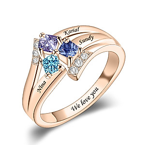 YUYOO Personalized 3 Birthstone Ring 925 Sterling Silver Custom Engraved Name Ring Family Ring Mothers Day Birthday Anniversary Christmas Jewelry Gifts for Women