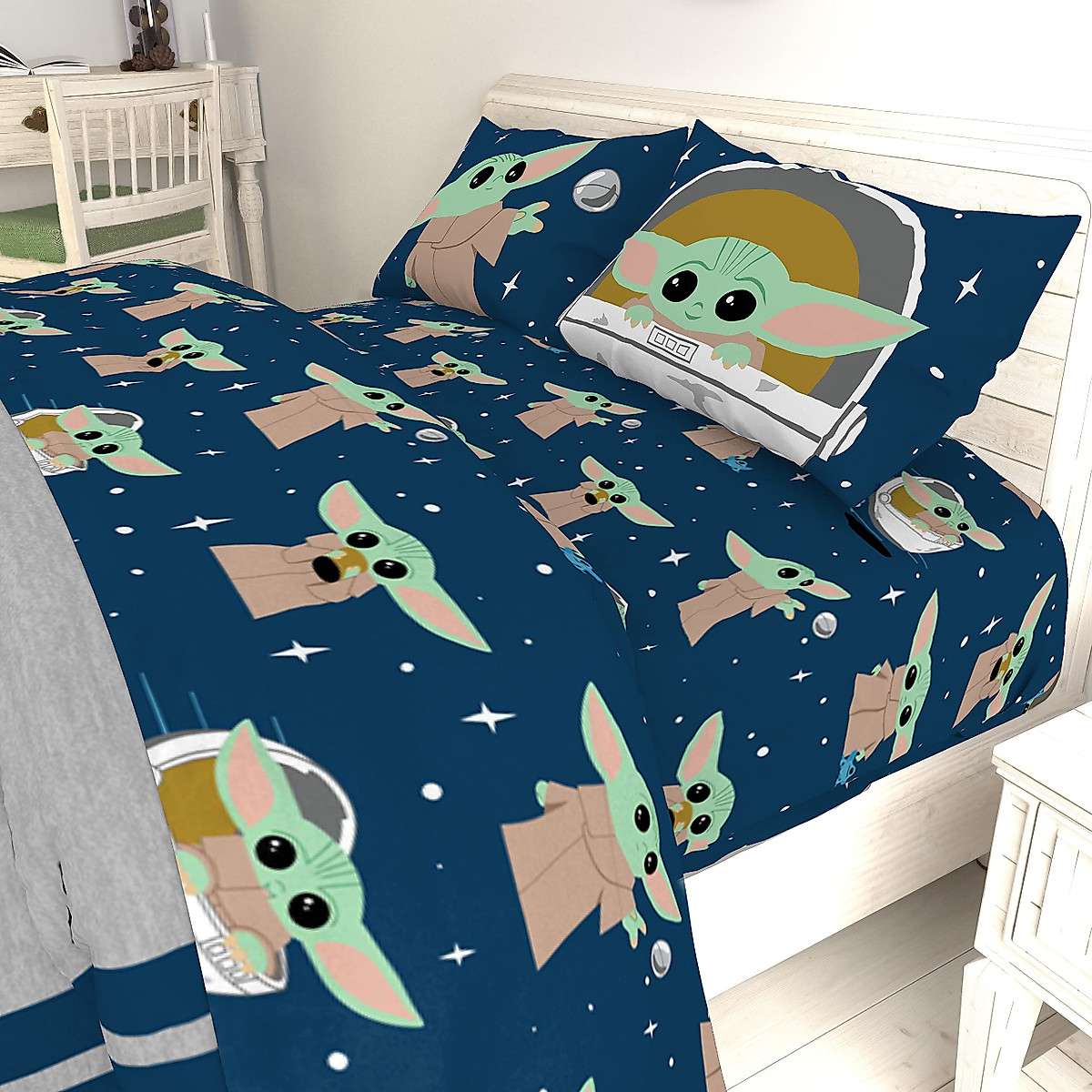 Jay Franco Star Wars The Mandalorian Hello Grogu Full Size Sheet Set - 4 Piece Set Super Soft and Cozy Kid’s Bedding - Fade Resistant Microfiber Sheets (Official Star Wars Product)