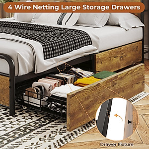 DICTAC Queen Bed Frame with Storage Headboard and Charging Station Metal Platform Bed Frame with Led Lights Queen Size Led Bed Frame with 4 Drawers,No Box Spring Needed, Noise-Free, Rustic Brown