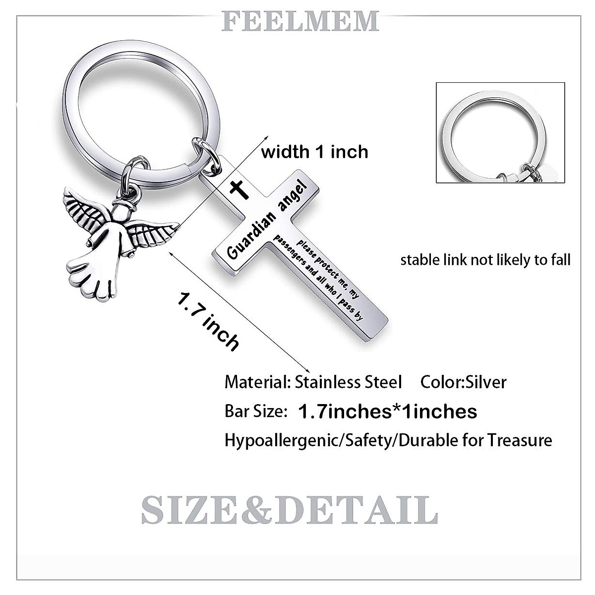 FEELMEM Guardian Angel Prayer Cross Keychain Guardian Angel Protect Me My Passengers By Safe Drive Safe Trip Travel Safely Keyring Motorist Prayer Gift (silver)