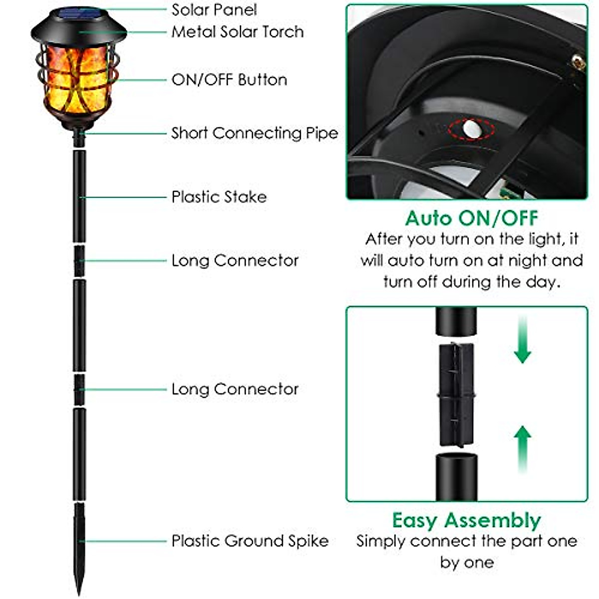 TomCare Solar Lights Metal Flickering Flame Solar Torches Lights Waterproof Outdoor Heavy Duty Lighting Solar Pathway Lights Landscape Lighting Dusk to Dawn Auto On/Off for Garden Patio Yard, 4 Pack