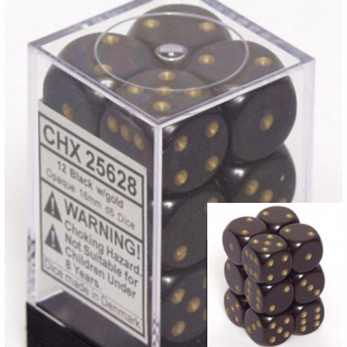Black with Gold pips Opaque Dice 16mm D6 Set of 12