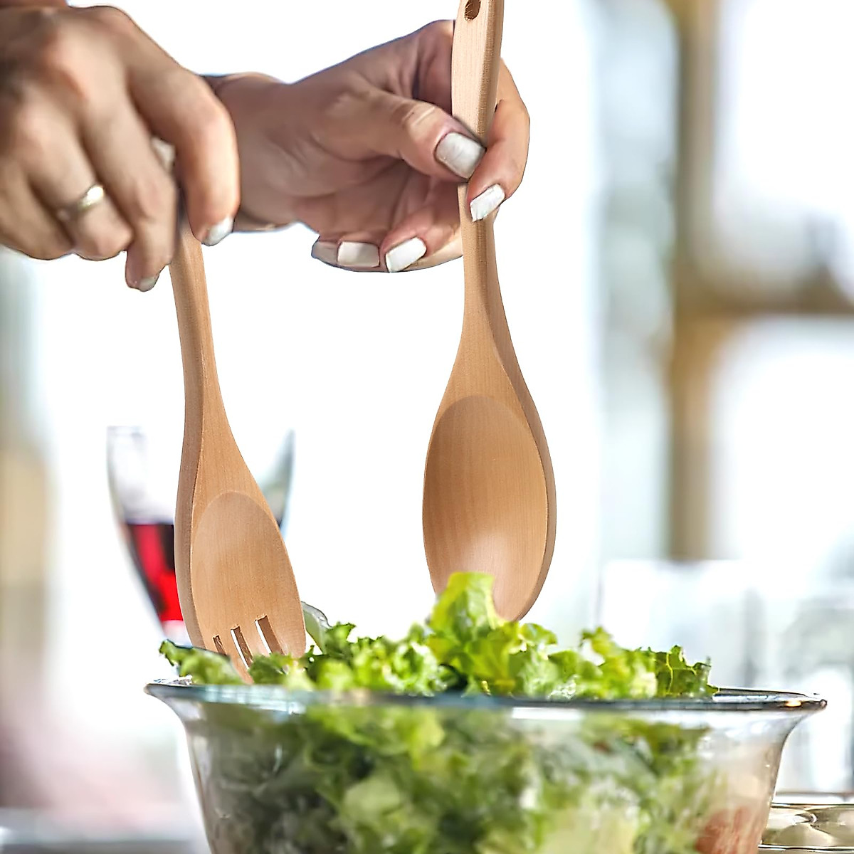 HAKSEN Wooden Salad Tongs, 10.7in Salad Servers Salad Spoon and Fork Set for Mixing, Tossing and Cooking