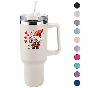 LB LEOBON 40 ounce insulated cup with handle, double-layer vacuum stainless steel material, equipped with straw, can keep warm or maintain cold drinks Red Love Gnome D white