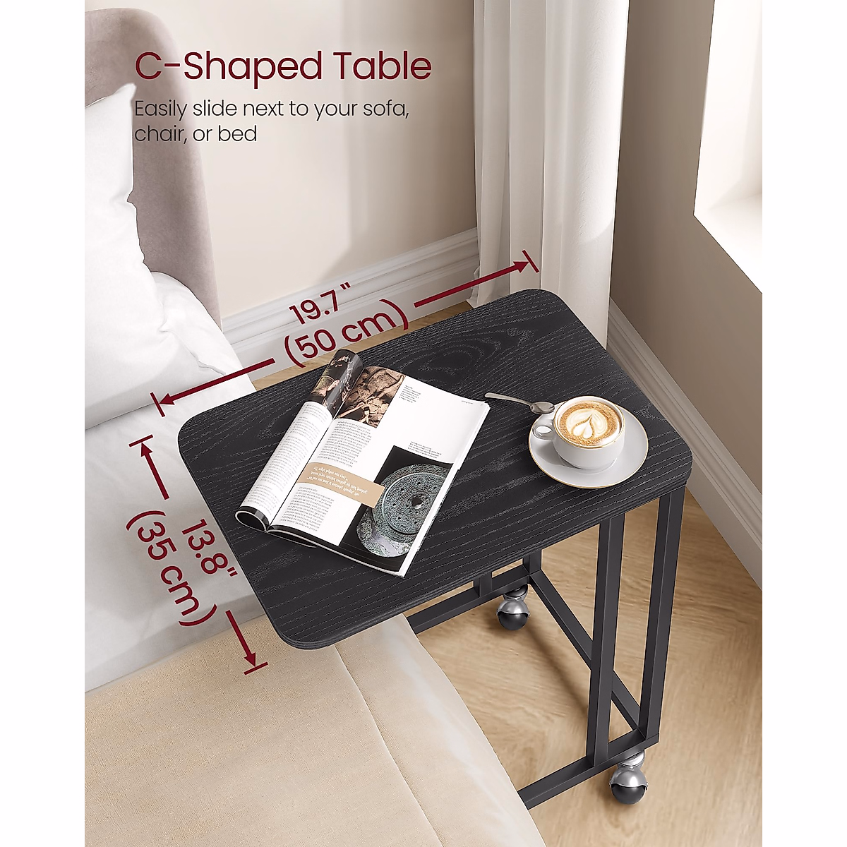 VASAGLE End Table, C Shaped TV Tray with Metal Frame Rolling Casters for Coffee Laptop Mobile Tablet, Industrial Side Table for Living Room Bedroom, 19.7 x 13.8 x 23.6 Inches, Ebony Black, ULNT050B56