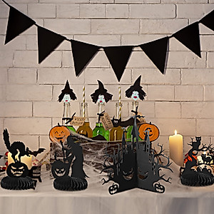9 Pieces Halloween Honeycomb Centerpiece Happy Halloween Paper Fans Decoration Skull Ghost Pumpkin Witch Bat Cat Birdcage Candlelight 3D Black Silhouette Table Centerpiece for Party Favor Supplies