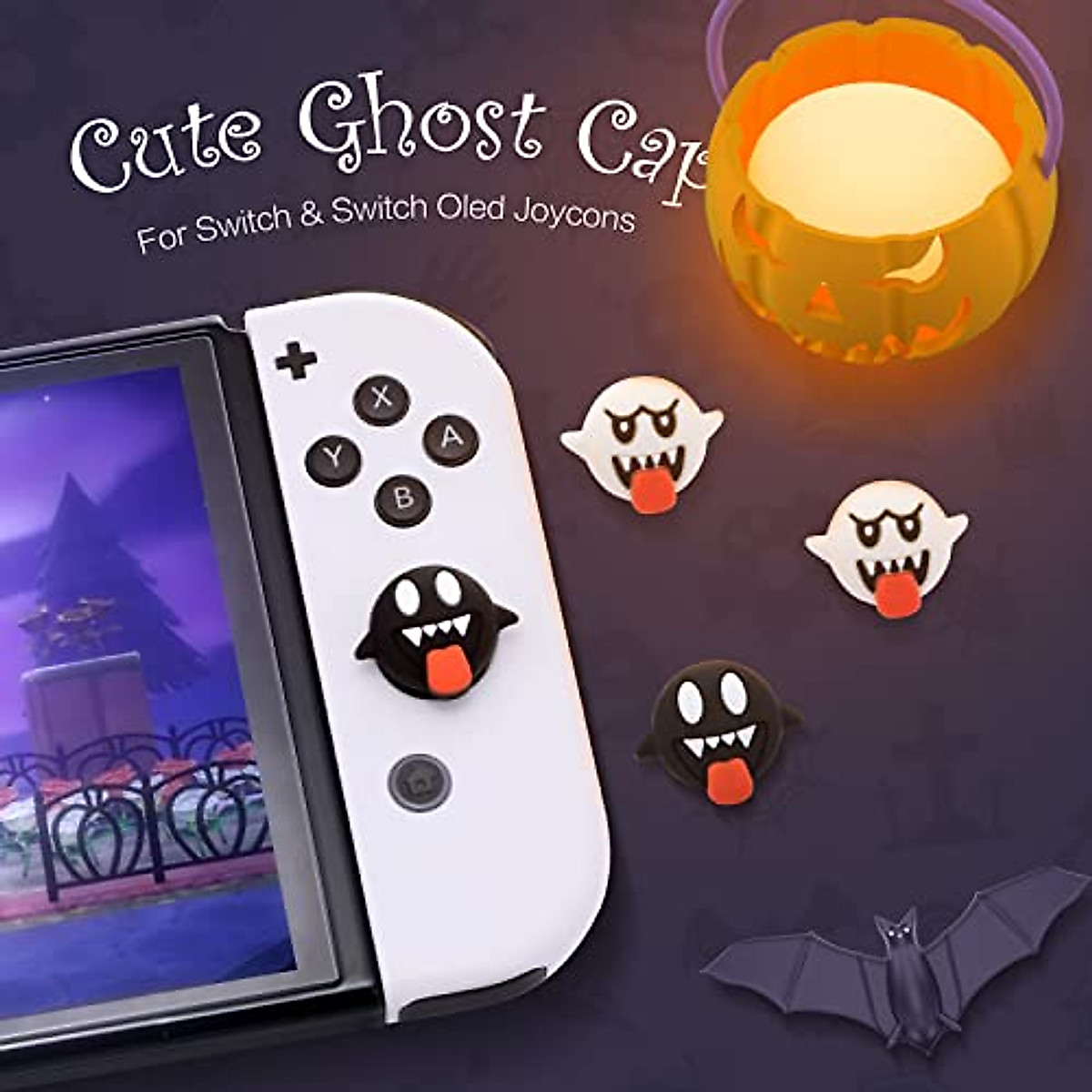 Switch Thumb Grips Ghost, Cute Luminous Ghost Thumb Grips for Nintendo Switch, Soft Silicone Joystick Cover Compatible with Nintendo Switch/Switch OLED/Switch lite - (Two Sets)