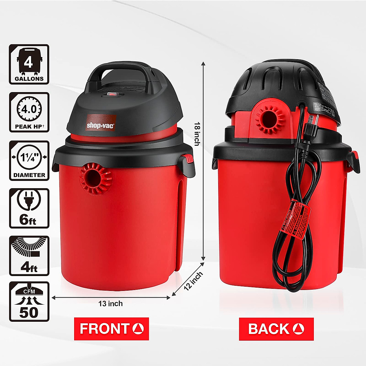 Shop-Vac 4 Gallon 4.0 Peak HP Wet/Dry Vacuum, Portable Compact Shop Vacuum with Tool Holder, Wall Bracket & Attachments, Ideal for Home, Jobsite, Garage, Car & Workshop. 5890470