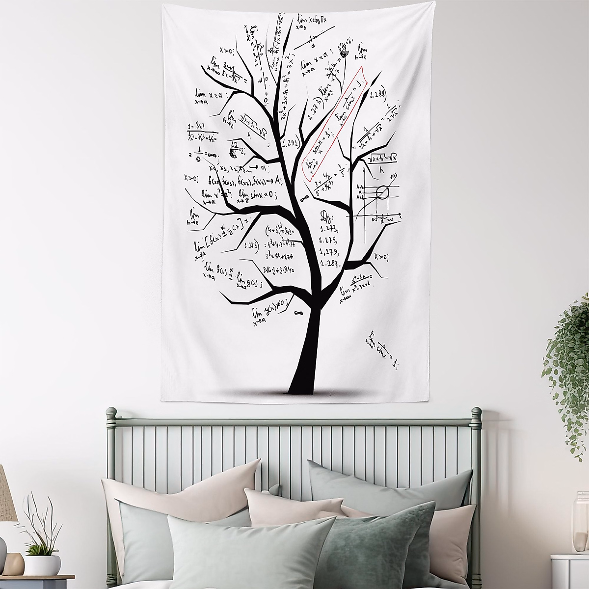 Lunarable Mathematics Room Tapestry King Size, Math Tree Branches Complex Formulas Solution Knowledge Print, Wall Hanging Bedspread Bed Cover Wall Decor, 30" X 45", Black and White