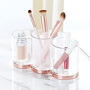 mDesign 3- Section Makeup Brush Organizer for Bathroom Vanity - Plastic Brush Holder for Makeup - Storage Cup for Eyeliner, Lipstick, Concealer - Cosmetic Holder, Lumiere Collection, Clear/Rose Gold