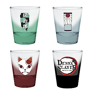 ABYSTYLE Demon Slayer Kimetsu No Yaiba Tanjiro Shot Glasses Tanjiro's haori, The Series Logo, Tanjiro's Warding Mask, and Tanjiro's Hanafuda Earrings Anime Manga Drinkware Gift 4 Pcs