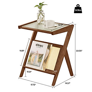 RêveLife Rattan End Table with Magazine Rack Glass-top Bamboo Sofa Side Table Accent Bedside Nightstand Boho Z Shaped Coffee Table for Bedroom Living Room Small Space, Walnut