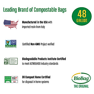 BioBag (USA) The Original Compostable Bag, 48 Gallon, 80 Count, 100% Certified Compostable Trash Bag Liners for Food Waste, Extra Strong and Durable, Trash Bag