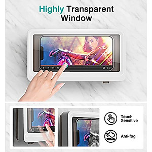 MoKo Shower Phone Holder, Waterproof Phone Wall Mount for Bathroom Bathtub Kitchen with Touchable Screen Wall Stickers Fit with iPhone 14/14 Pro, Galaxy S21, Smartphone up to 6.8", White & Chocolate