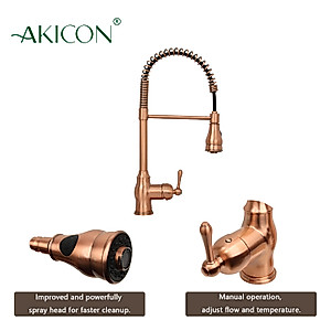 Copper Kitchen Faucet with Soap Dispenser, Single Handle Solid Brass High Arc Pull Down Sprayer Head Kitchen Sink Faucets with Deck Plate AK96518