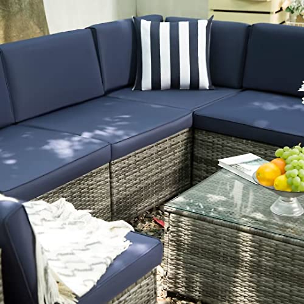 Devoko 7 Pieces Wicker Patio Furniture Set Rattan Outdoor Furniture Sectional Sofa Backyard Furniture Outdoor Couch with Updated Metal Feet (Blue)
