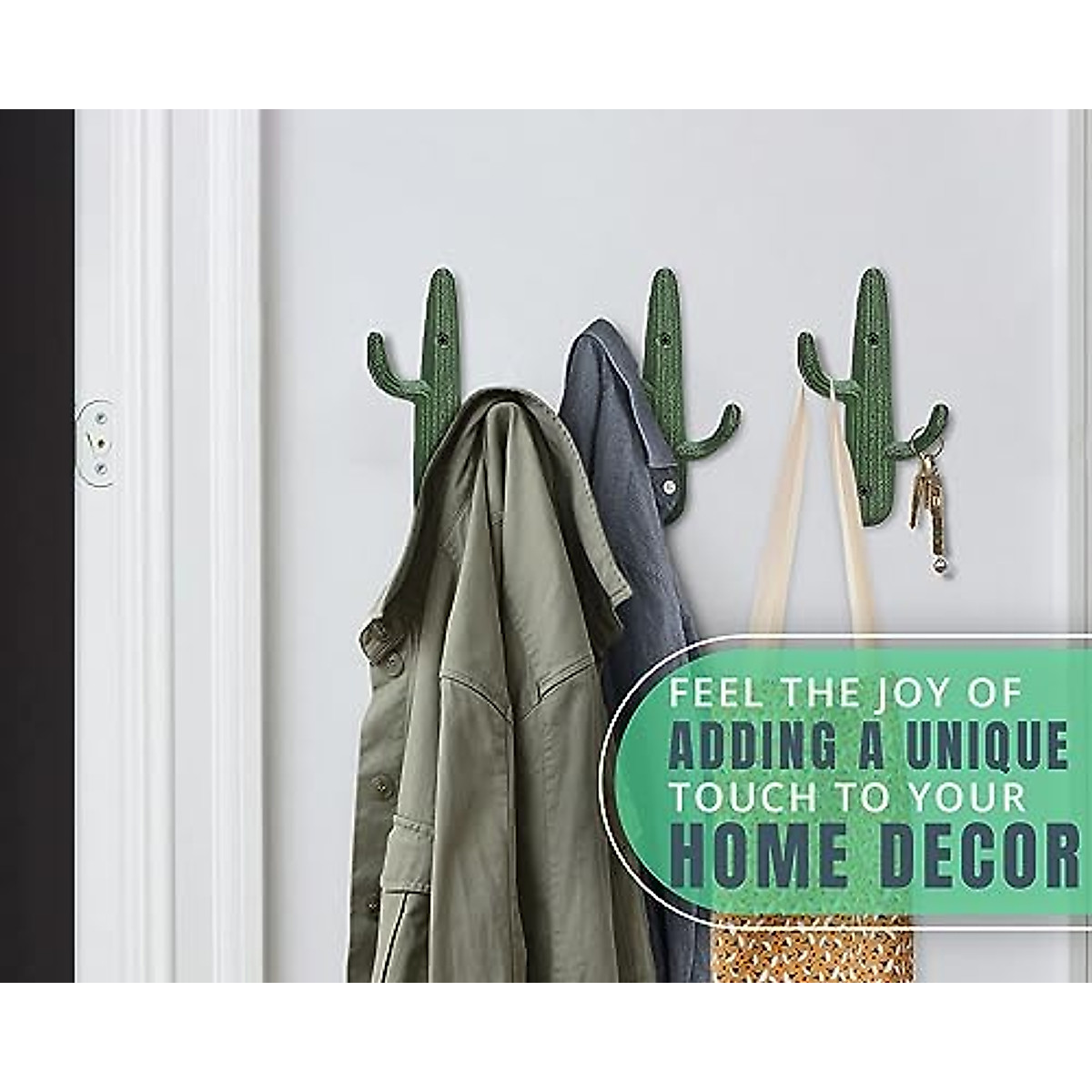 Comfify Set of 3 Hooks Cast Iron Cactus Double Wall Mounted Hooks/Hangers - Decorative Wall Mounted Hooks for Coats, Bags, Towels and More - w/Screws and Anchors Included - Rustic Green