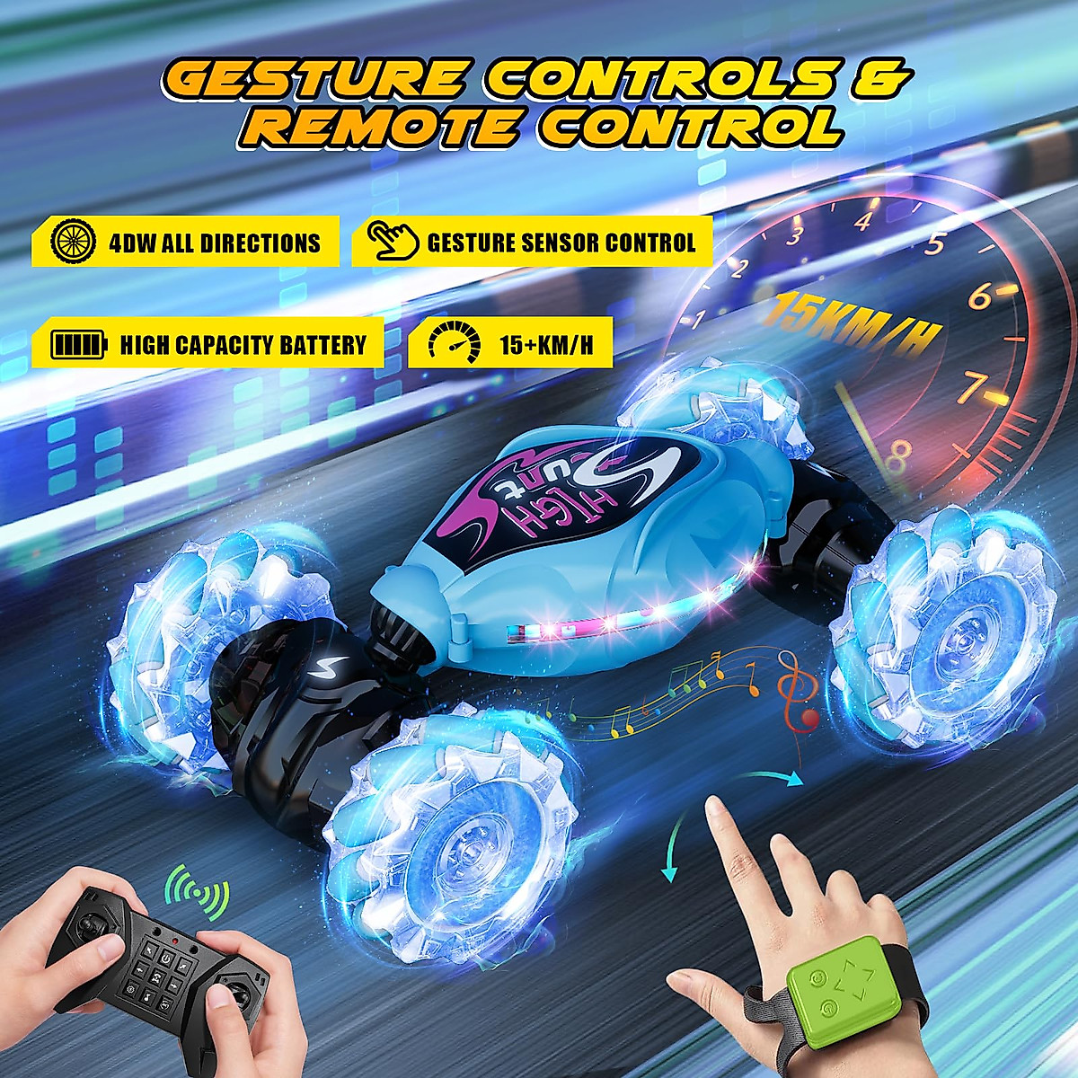 OSIMILY Remote Control Car,2.4GHz LED Gesture Sensing RC Stunt Car,4WD Double Sided Rotation RC Car with Lights and Music,All Terrain Rotation Drift Car Birthday Gifts for Boys Girls (Blue)