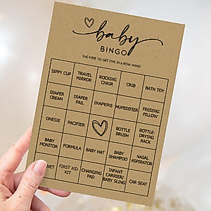 Baby Bingo Game (50 Unique Cards) Kraft Pre-Filled Fun Baby Shower Game Activity, Preforated Calling Cards, Gender Neutral Boy or Girl, Minimalist