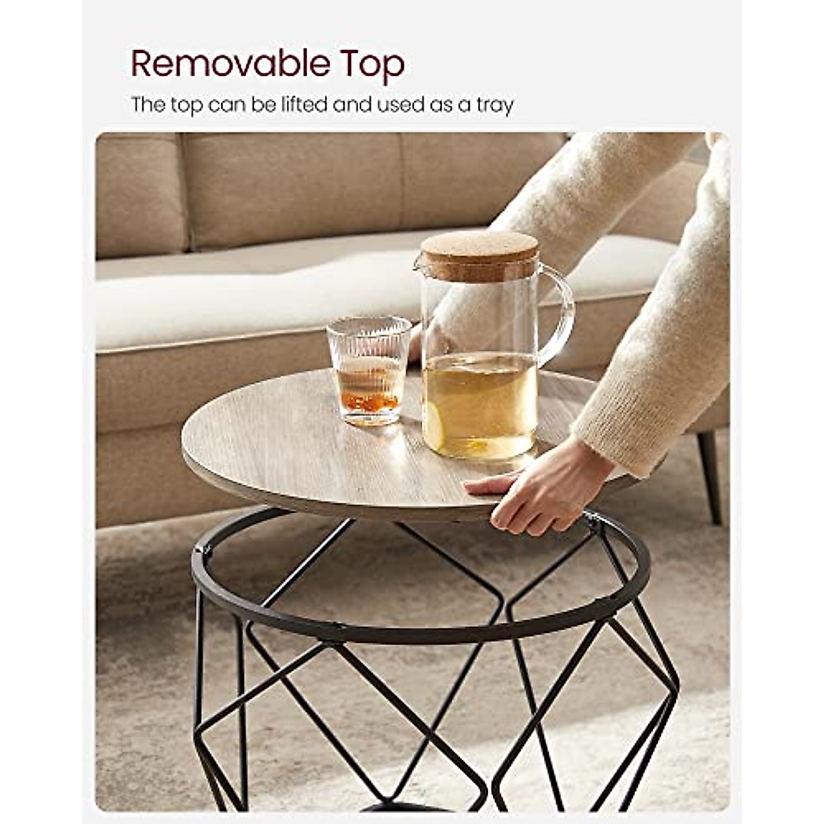 VASAGLE Small Coffee Table Set of 2, Round Coffee Table with Steel Frame, Side End Table for Living Room, Bedroom, Office, Greige and Black