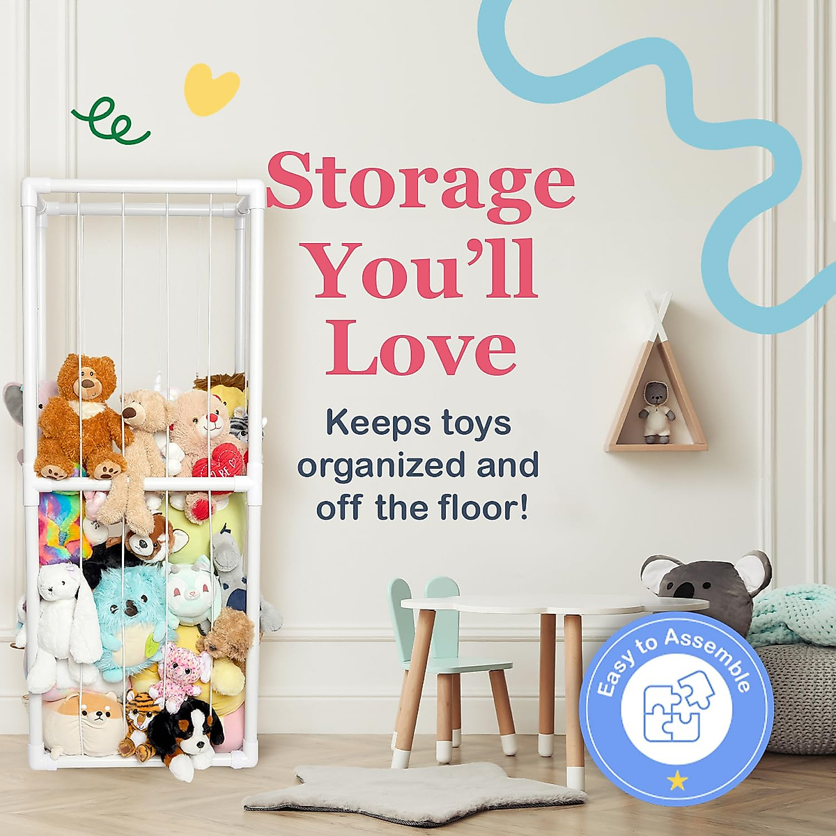 Lilly's Love Stuffed Animal Zoo Storage - Standing Storage Organizer Display | Made from Furniture-Grade, Easy to Assemble PVC, Stores More Stuffies Than Hammocks | 55" x 22" x 12", Black