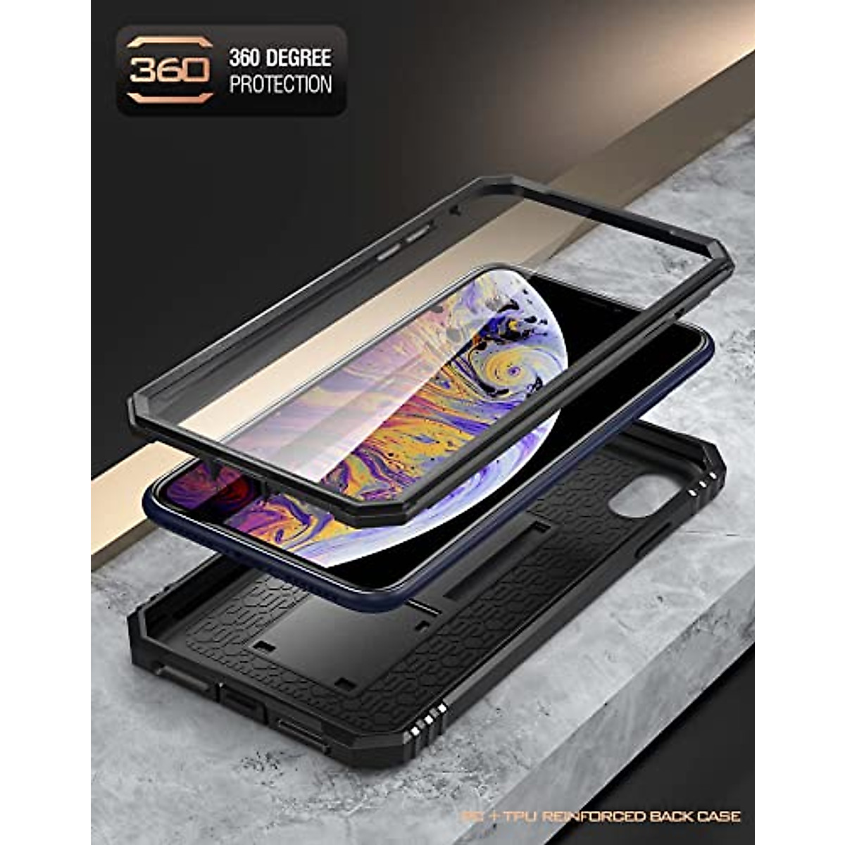 Poetic Revolution Series Case for iPhone Xs Max 6.5 inch, Full-Body Rugged Dual-Layer Shockproof Protective Cover with Kickstand and Built-in-Screen Protector, Black