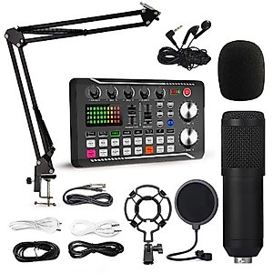 Prisciliano Podcast equipment bundle. Audio Interface with condenser microphone & accesories: Sound Card Mixer. Podcast Studio equipment for Live Streaming, PC, Karaoke Recording and Gaming. DJ Mixer.