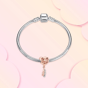 Annmors 925 Sterling Silver Charms for Bracelets and Necklaces Openwork Heart&Two Feathers Dreamcatcher Charms Jewelry Gift for Women