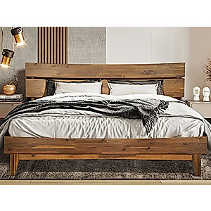 Acacia Aurora 14 Inch Wood Platform Bed, Bed Frame with Headboard, Queen Size, Caramel
