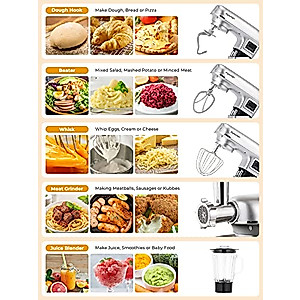 Flyseago Stand Mixer 8-IN-1 8.5 Qt Multifunctional Electric Kitchen Mixer 6 Speed Tilt-Head with Stainless Steel Bowl, 1.5L Glass Jar, Meat Grinder, Dough Hook, Whisk, Pasta Attachment