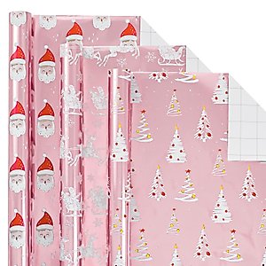 MAYPLUSS Pink Christmas Wrapping Paper - 17In x 120In Per Roll - Girly Festive Metallic Foil Trees, Cute Santa, Winter Sled Design Christmas Girls Pink Gift Wrap Paper for Winter Holiday, Birthday