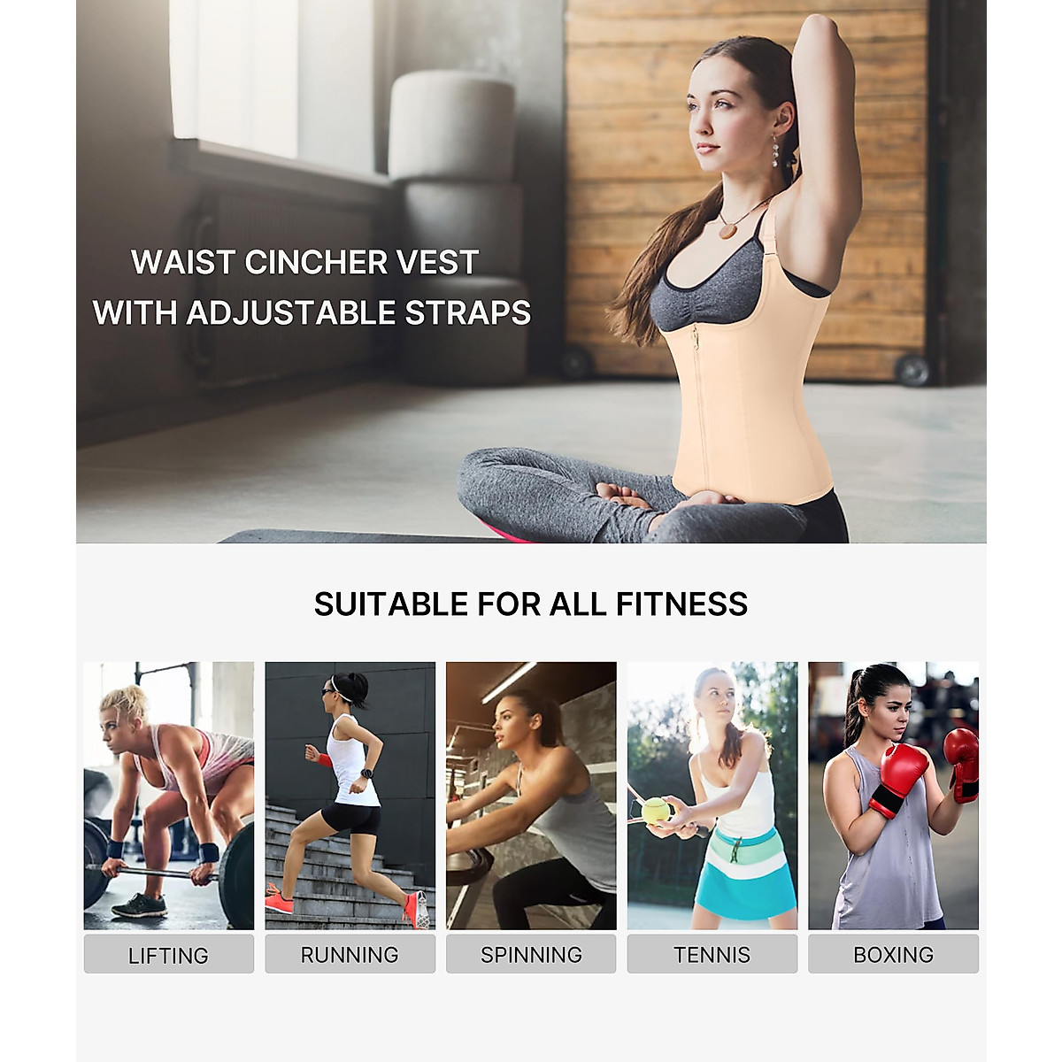 Nebility Women Waist Trainer Corset Zipper Vest Body Shaper Cincher Tank Top with Adjustable Straps (M, Beige)