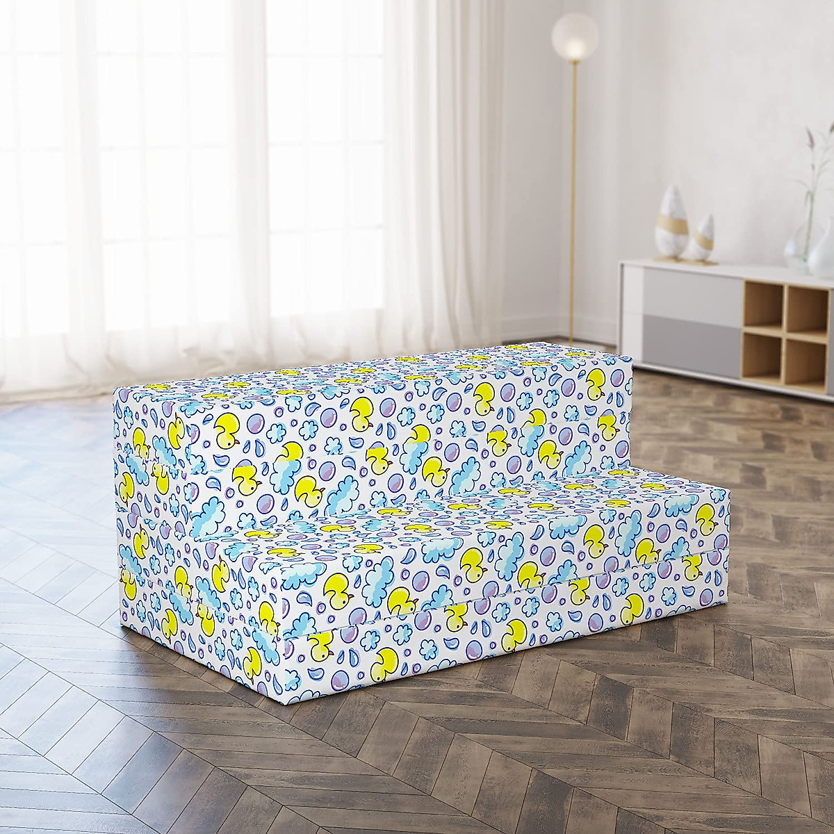 Ambesonne Cartoon Foldable Mattress, Washing Time Bubbles Duck, 78.7" x 47.2", Yellow Lilac and Blue