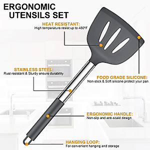 LIANYU 27 PCS Cooking Kitchen Utensils Set with Holder, Silicone Kitchen Utensils Spatula Set with Stainless Steel Handle, Kitchen Cooking Gadgets Tools for Nonstick Cookware Set, Heat Resistant, Gray