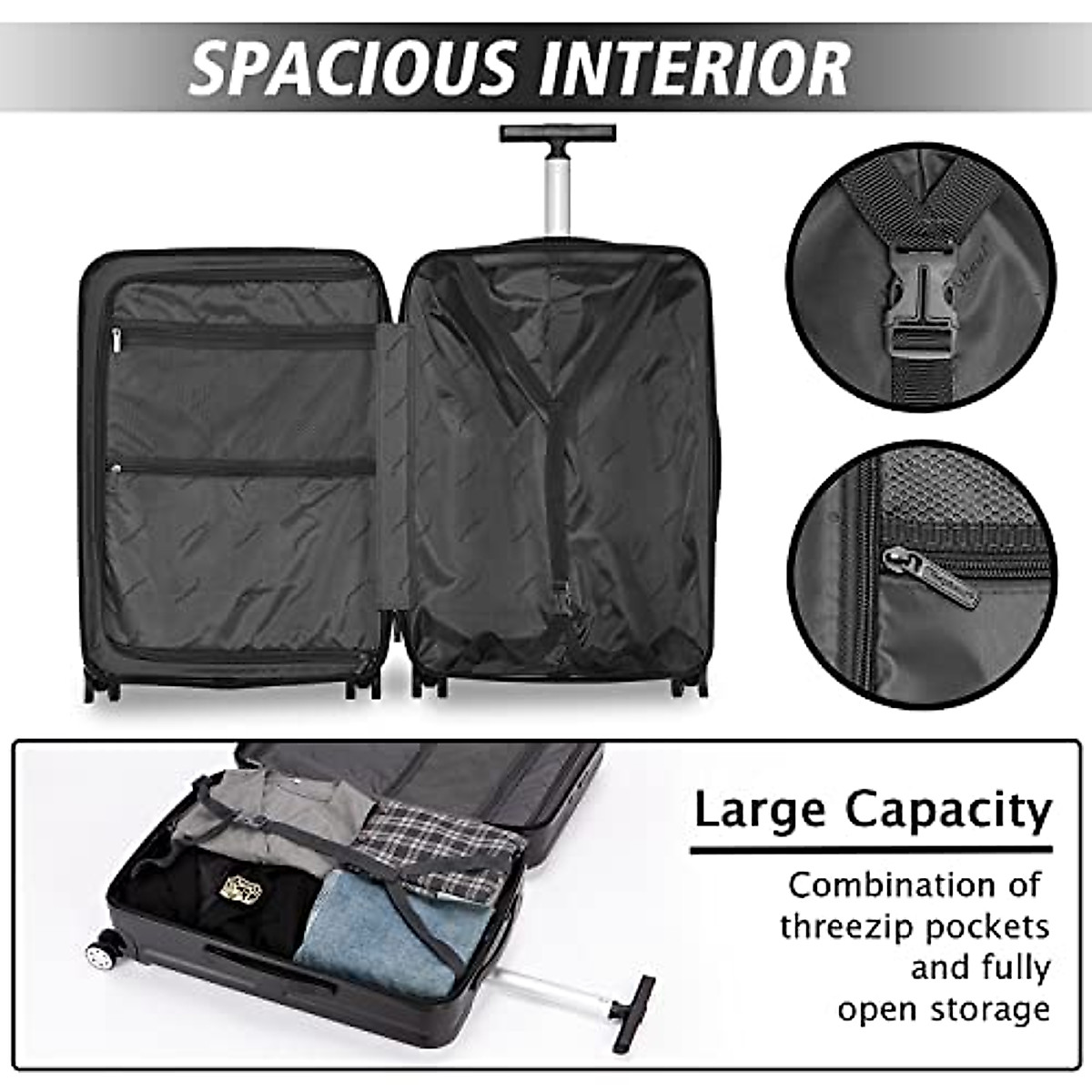 GigabitBest 24 Inch Carry On Luggage with Wheels PC+ABS Hardside Suitcase Spinner Trolley with Built-in TSA Lock, Black