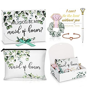 7 Pieces Wedding Themed Supplies Include Maid of Honor Proposal Box Maid of Honor Canvas Makeup Bags Green Satin Scrunchie White Gold Diamond Pen Bracelet White Raffia Grass with Card for Wedding