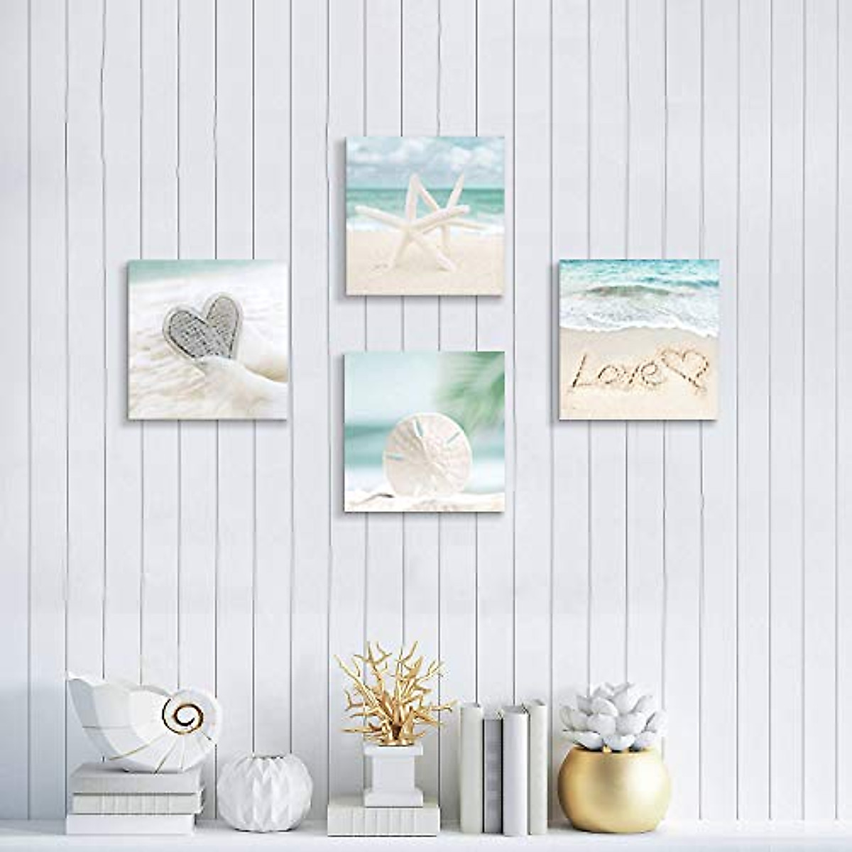 UTOP-art Aqua Beach Seashell Pictures Artwork: Love & Starfish Canvas Print Wall Art for Bathroom (12'' x 12'' x 4 Panels)