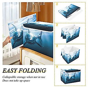 CaTaKu Water Shark Storage Bins with Lids and Handles, Fabric Large Storage Container Cube Basket with Lid Decorative Storage Boxes for Organizing Clothes