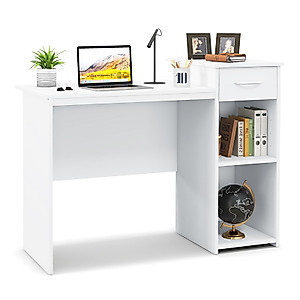Giantex Computer Desk with Storage, Modern PC Laptop Table with Printer Shelf, Drawer, CPU Stand & Cable Hole, Compact Study Writing Desk Workstation for Small Spaces Home Office, White
