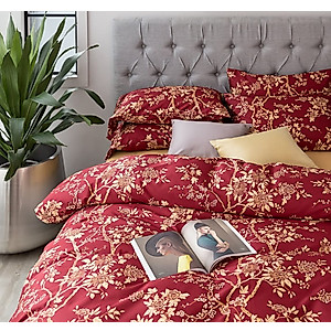 Eastern Floral Chinoiserie Blossom Print Duvet Quilt Cover Navy Blue Tan White Asian Style Botanical Tree Branches Ornamental Drawing 400TC Egyptian Cotton Bedding Set Garnet, Twin