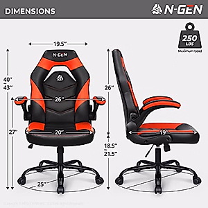 N-GEN Video Gaming Computer Chair Ergonomic Office Chair Desk Chair with Lumbar Support Flip Up Arms Adjustable Height Swivel PU Leather Executive PC Chair with Wheels for Adults Women Men (Red)