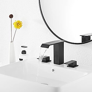 Waterfall Bathroom Faucet Matte Black Widespread GGStudy 3 Holes 2 Handle Black Modern Bathroom Sink Faucet with Pop Up Drain