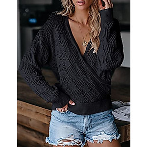 MEROKEETY Womens Deep V Neck Wrap Sweaters Long Sleeve Crochet Knit Pullover Tops, Black, XX-Large