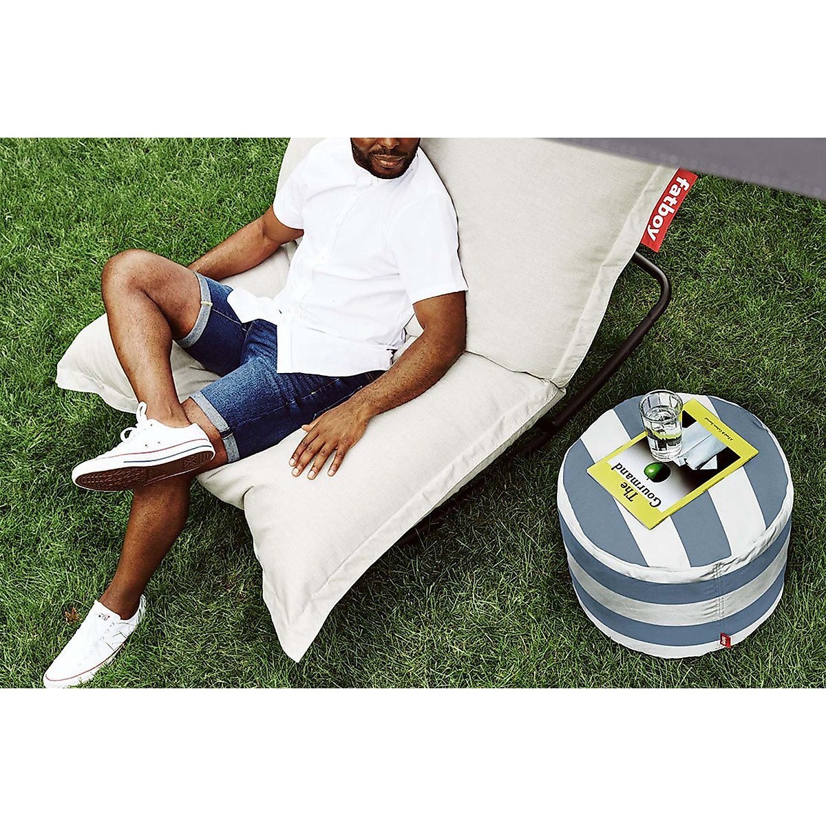 Fatboy Point Outdoor Pouf Ottoman, Stripe Ocean Blue, Small